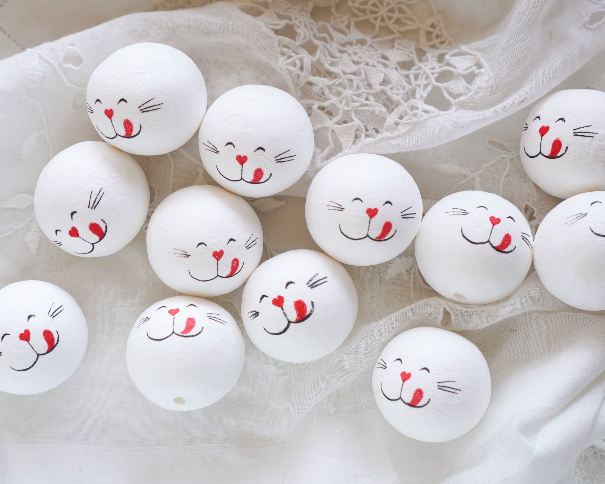 Spun Cotton Bunny / Cat Craft Heads with Faces - Vintage-Style Shapes