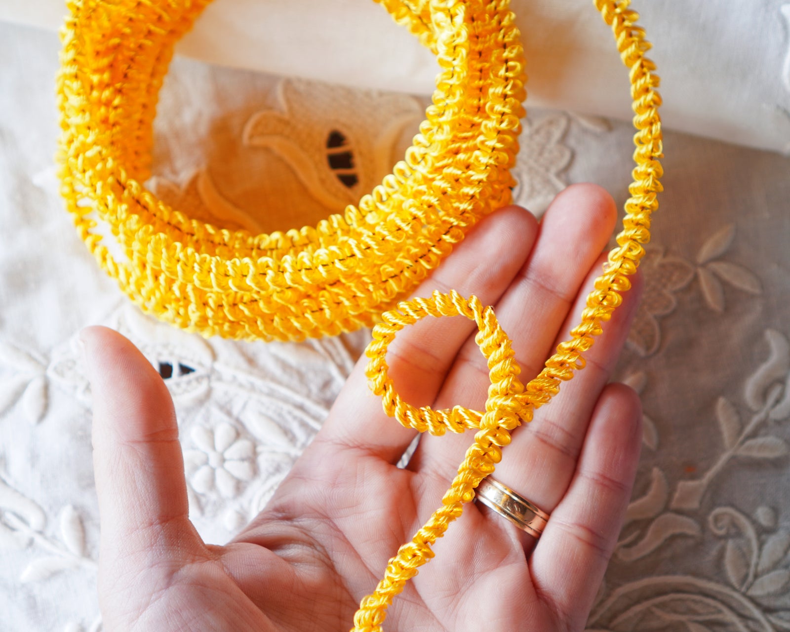 Curly Chenille - Vintage Golden Yellow Loopy Angel Hair Wired Trim, 3