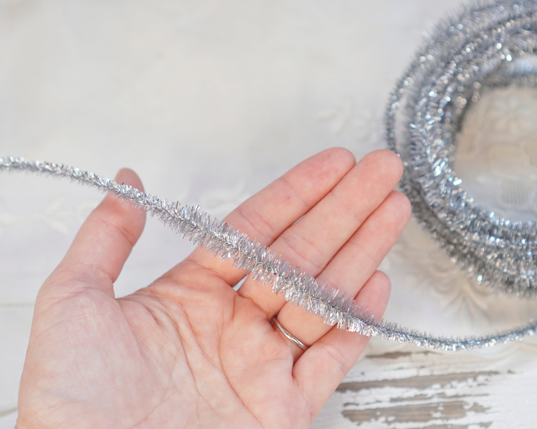 Long Skinny Bump Chenille - Silver Tinsel Pipe Cleaner Wired Craft Tri