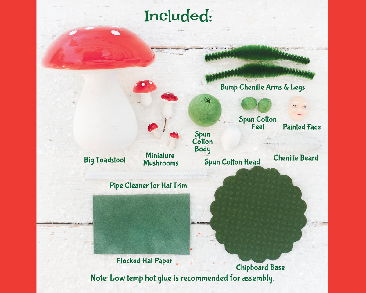 Vintage Elf and Toadstool Craft Kit - DIY Spun Cotton Christmas Decora