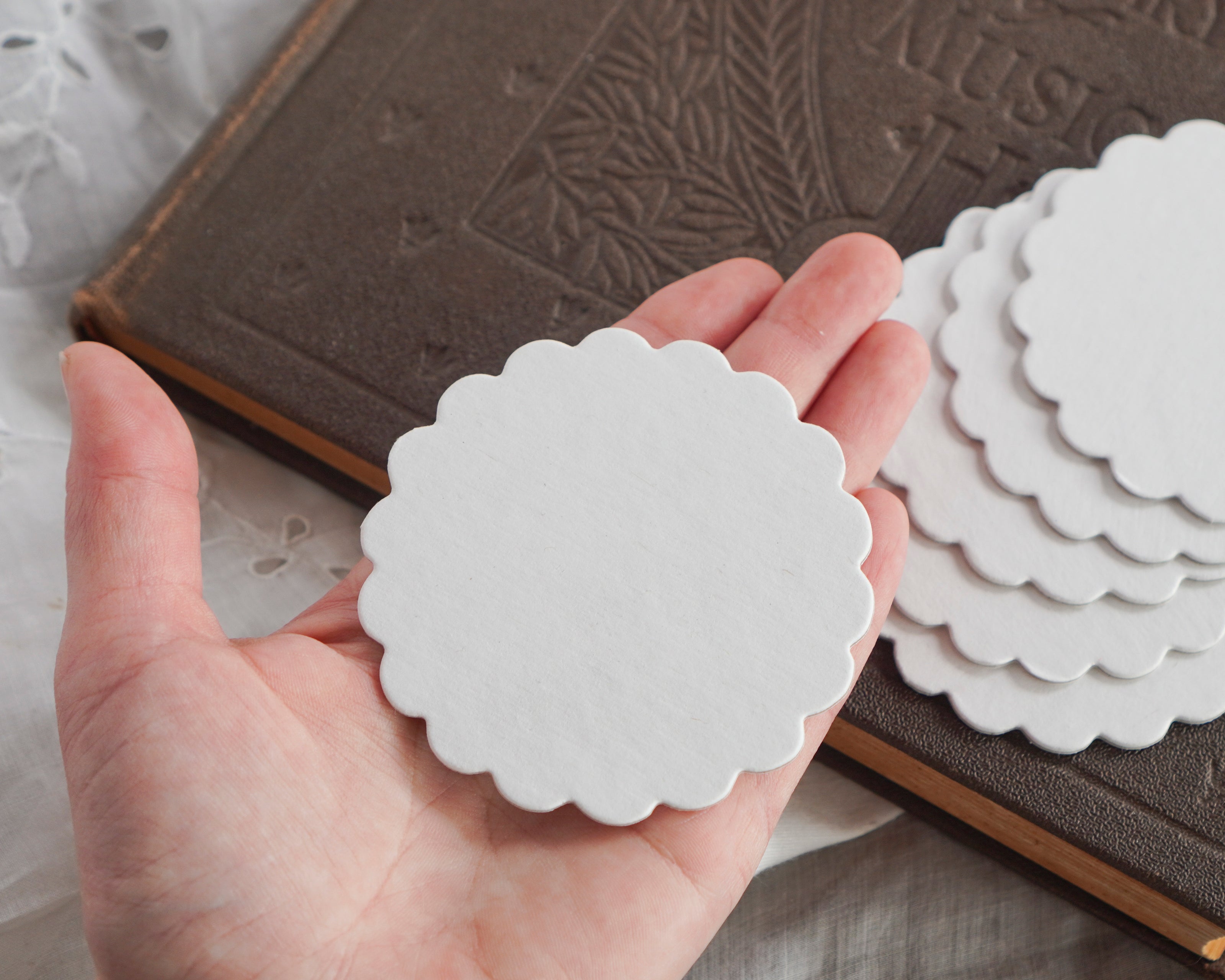 3-Inch Chipboard Craft Circles - Die Cut Scalloped Edge White Cardboar