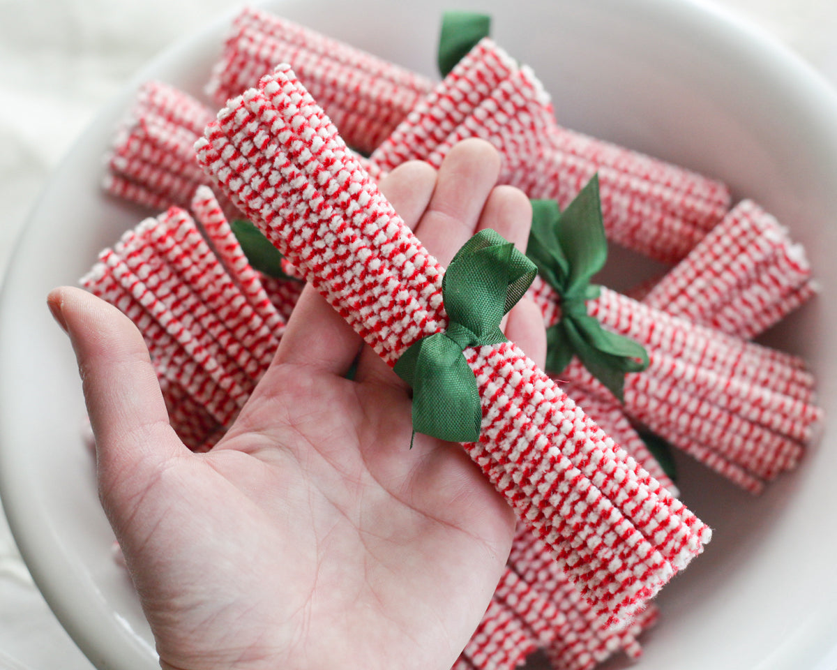 Stiff Bristle Pipe Cleaners - Red and Cream Candy Cane Striped Chenill